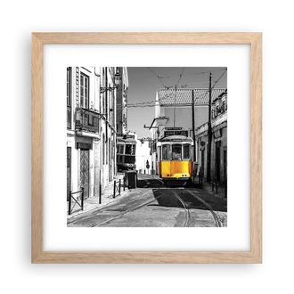 Arttor Wandposter 30x30cm Poster Rahmen helle Eiche Stra&szlig;enbahn Portugal Lissabon K&uuml;che Wanddeko Bild Wand Kunstdruck Deko Wandbilder Dekoration Wohnzimmer S