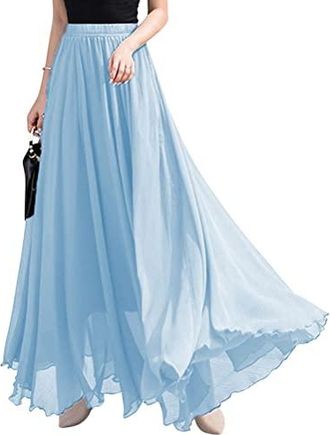 ORANDESIGNE Jupe Femme Longue Plissée en Mousseline de Soie Chic et Elegant Trapèze Taille Haute Tulle Jupe Fluide Taille Élastique Décontracté Maxi Jupe Soirée S
