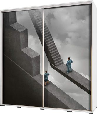 Selsey ABSTRAKTE TREPPE - Kleiderschrank 2-t&uuml;rig Schiebet&uuml;ren mit Motiv Abstrakte Treppe 205cm (Korpus in Wei&szlig; matt)