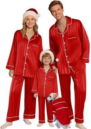 Generic Pyjama de No&euml;l assorti pour la famille avec col &agrave; revers ray&eacute; et pantalon - Ensemble de pyjama &agrave; manches longues en satin de soie - V&ecirc;tements de nuit 