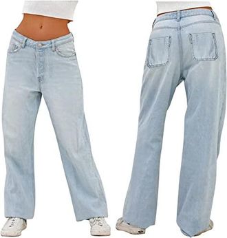 Generic Baggy Jeans Y2K Pantalon en jean pour femme Style ann&eacute;es 90 Style Boyfriend D&eacute;contract&eacute; Coupe droite &Eacute;l&eacute;gant Couleur unie Pantalon droit avec poches P