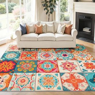 Generic Tapis de D&eacute;coration Rectangulaire, Carreaux Carr&eacute;s en Tissu Tiss&eacute; Traditionnel Kids Flanelle Tapis pour Chambre denfant - Orange Int&eacute;rieur Antid&eacute;rapan