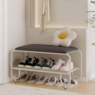 Generic Leder-Aufbewahrungsbank Mit Metallrahmen, 2-stöckiges Schuhregal for Eingangsbereich, Wohnzimmer, Schlafzimmer(Grey,100x33x42cm)