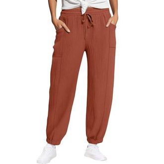 Generic Nuoke pantalon fluide femme &eacute;t&eacute;,Pantalon large en lin pour, d&eacute;contract&eacute;, ample, taille haute, pour la plage, avec poches Short Pyjama Carreaux (Orange