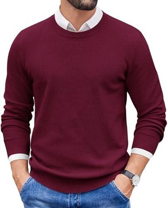 Coofandy Pull &agrave; Col Rond et Manches Longues pour Homme L&eacute;ger Casual Business Jumper Tricot&eacute; Basique Decontract&eacute; Pulls Rouge fonc&eacute; XXL