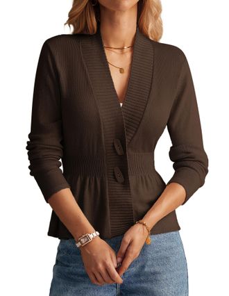 Grace Karin Damen Casual Langarm V-Ausschnitt Strickjacke Elegant R&uuml;schensaum Strick Cardigan mit Taille Dunkelbraun 2XL