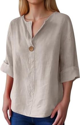 Generic T-Shirt Lin Femme D&eacute;contract&eacute; Large Col V &agrave; Manches 3/4 Chemisier &eacute;l&eacute;gant Henley Couleur Uni Tee Shirt &eacute;t&eacute; Haut Top Respirant T-Shirts Grande Taille C