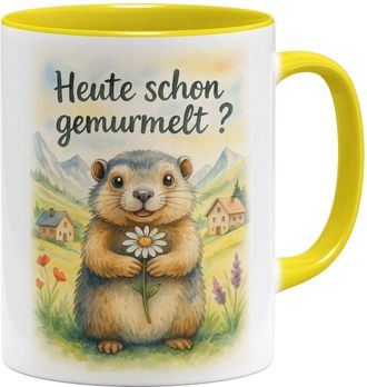 OM3 Lustige Murmeltier Kaffee-Tasse mit Spruch - Heute schon gemurmelt? - Keramik Becher - 325ml - Beidseitig Bedruckt - Gelb