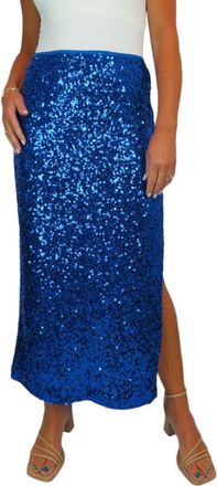 Paulo Due Damen Stretch Sequin Maxi Rock Damen Funkelnder Eleganter Rock Mit Offenem Seitenschlitz K&ouml;nigsblau 34-48 (XL)