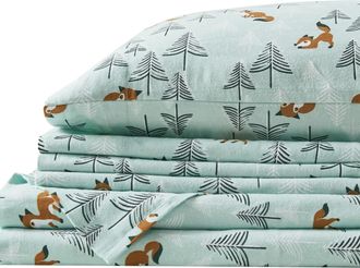 Comfort Spaces Baumwolle Flanell Atmungsaktiv Warme Tiefe Taschen Bettlaken mit Kissenbezug Bettw&auml;sche, Queensize, Seafoam Foxes 4 St&uuml;ck