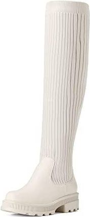 Dream Pairs Bottes au-Dessus du Genou pour Femmes Cuissardes à la Mode Coque Tricotée en TPR Durable Confortable Botte sur Le Genou Beige SDOB2201W-E Taille 40 (E