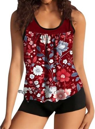 Generic Ensemble tankini imprim&eacute; conservateur pour femme - Maillot de bain fendu &agrave; motif floral avec coussinets de soutien-gorge int&eacute;gr&eacute;s et short boyshort, m