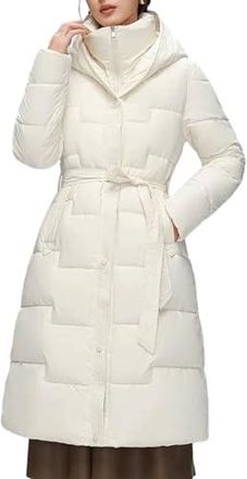 Generic Doudoune longue matelass&eacute;e pour femme, l&eacute;g&egrave;re, &agrave; capuche, doublure en duvet synth&eacute;tique, avec ceinture, blanche, taille L
