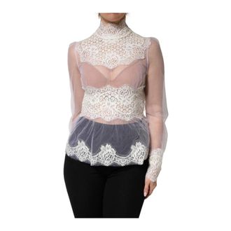 Dolce & Gabbana Femme, Tops, Blanc, Taille: 38 FR Sheer Lace Tulle Long Sleeve Top