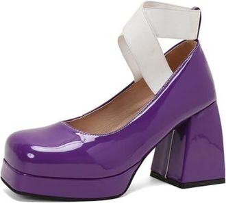 Generic Femmes Plate-Forme Haut Chunky Ballet Talons Fermé Bout carré Couleur Unie Slip on Pompes Confortable Habillé Chaussures de soirée,Violet,42.5 EU