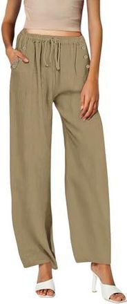 Generic Pantalon &agrave; jambe large pour femme - Pantalon en coton et lin - Taille haute &eacute;lastique - Avec poches et cordon de serrage - Coupe ample, kaki, XXL