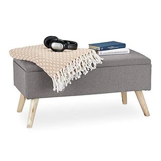 Relaxdays Banc de Rangement, rembourr&eacute;, Pieds en Bois, Coffre avec rev&ecirc;tement en Tissu 39,5 x 79,5 x 39 cm, Gris Clair