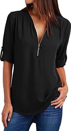 Generic T-Shirts en Mousseline de Soie &agrave; col en V pour Femmes, Coupe Ample, Long, uni, Hauts pour Femmes, 2026 Tendance, Y2K, W-456 Noir, 5XL