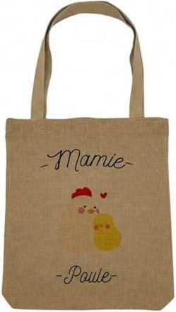 Fabulous Sac Shopping Tote Bag Aspect Lin - Mamie Poule Grand Mere Tendresse Petits Enfants - Sac de Courses Toile Epaisse 360g Beige Naturel Cabas Port&eacute; Epaul