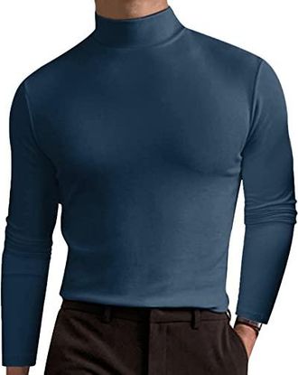 Generic Haut à col montant pour homme, chemise à col roulé de couleur unie, pull à manches longues, haut à col haut, sous-vêtement, coupe ajustée, Z13-Navy Mo