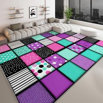 Generic Tapis Lavable &agrave; Poils Courts, Tapis Antid&eacute;rapant Doux R&eacute;tro G&eacute;om&eacute;trique Pois Carreaux pour Salon Salle &agrave; Manger Chambre &agrave; Coucher et Bureau - D&eacute;corati