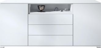 Vladon Skadu V4 Sideboard, Kommode mit 2 Türen, 3 Schubladen und 1 offenem Fach, Weiß matt/Weiß matt (166,5 x 75,5 x 35 cm)