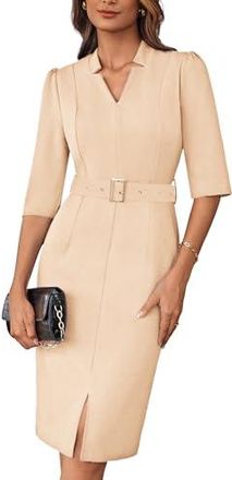 Grace Karin Robe moulante à col en V pour femme - Manches 3/4 - Élégante coupe ajustée - Avec ceinture - Robe de cocktail formelle, Abricot, M
