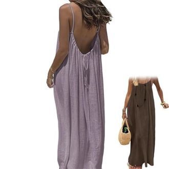 Generic Robe caraco dos nu de couleur unie pour femme, robe longue d&eacute;contract&eacute;e pour la plage, les vacances, violet, XS