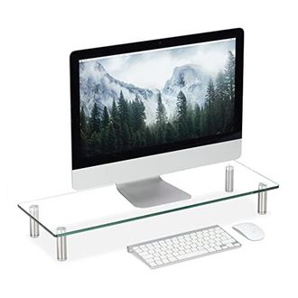 Relaxdays Bildschirmständer Glas, TV Aufsatz, Notebookständer höhenverstellbar 9 - 11 cm, B x T: 70 x 24 cm, transparent