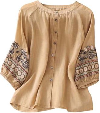 Generic Chemisier dété bohème en dentelle pour femme - Tunique bohème paysanne en lin brodé floral - Haut printemps indien à volants sur le devant - Chemise p