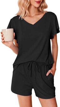 Ekouaer Pyjama Court pour Femme Ensemble Pyjama Dété Confortable Manche Courte Short avec Poches Latérales Ensemble,Noir S
