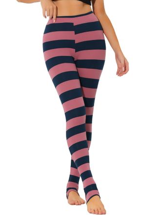 Allegra K Damen Legging High Waist Sportleggings Blickdicht Hose Elastisches Hosenbund Trousers Jogginghose Marine Rosa Streifen XL