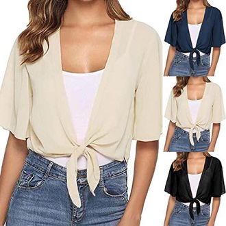 Generic Cardigan court pour femme, cardigan d&eacute;t&eacute; &agrave; nouer sur le devant, manteaux d&eacute;t&eacute; en mousseline de soie, gilets minces et confortables, bol&eacute;ro ouvert sur 