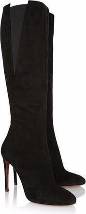 Generic Bottes Hautes au Genou pour Femmes Bout Rond Couleur Unie Bottes Droites Simples Classiques Fines Talons Hauts Mode Bottes Extensibles Mollets Larges 