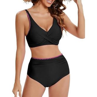 Generic Sous-v&ecirc;tements 128 tankini 2 pi&egrave;ces maillot de bain normal dos nu 2 pi&egrave;ces impression r&eacute;glable couleur rembourr&eacute; haut avec dentelle femme noir, Noir, 
