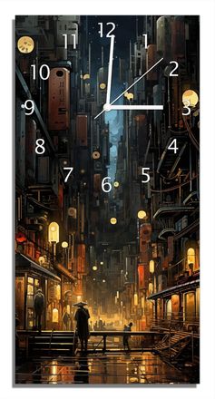 Wallario Design-Wanduhr, Acrylglasuhr Größe 30 x 60 cm, weiße Zeiger, Motiv Neonbeleuchtete Gassen