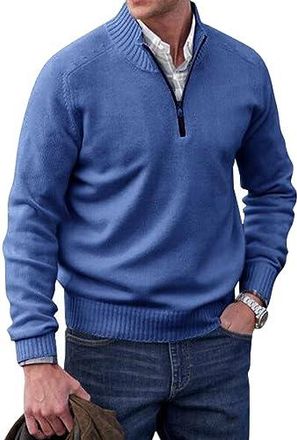 Minetom Homme Pull &Agrave; Col Roul&eacute; avec Fermeture Eclair Manches Longues 1/4 Zip Col Montant Pullover en Tricot&eacute; dhiver Sweater B Bleu XL