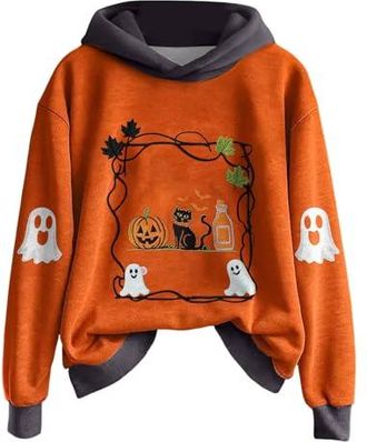 Generic Sweats à capuche dHalloween pour femmes tendance chat noir fantôme citrouille pull à capuche pull à capuche drôle Halloween costumes dautomne hiver mo