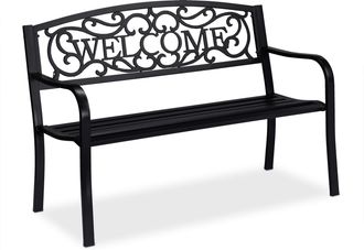 Relaxdays Gartenbank Welcome, Zweisitzer, stabil, rustikales Design, Metall Sitzbank, HxBxT: 87 x 127 x 61 cm, schwarz
