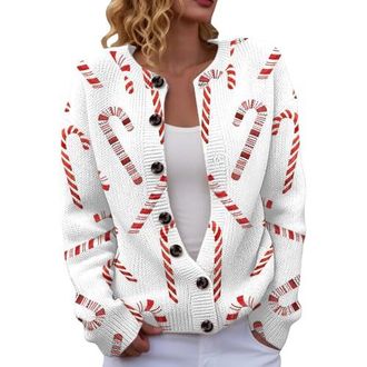 Generico Cardigan imprimé décorations de Noël pour femme, coupe ample boutonnée, chandails tricotés dhiver décontractés et confortables à manches longues pour 