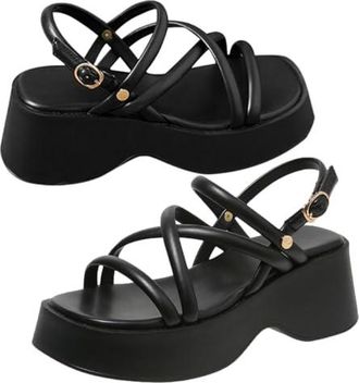 Hemoton ORFOFE Sandales compens&eacute;es &agrave; plateforme femme, semelle &eacute;paisse, couleur noire, taille 35, sandales d&eacute;t&eacute; d&eacute;contract&eacute;es et respirantes, parfaites pour p