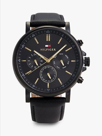 Tommy Hilfiger Montre plaqu&eacute; ion noir &agrave; bracelet en cuir
