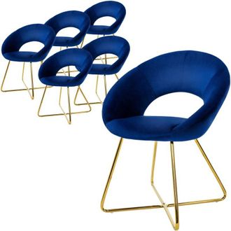 ML Design ML-Design Esszimmerst&uuml;hle 6er Set Blau aus Samt, Wohnzimmerstuhl mit runder R&uuml;ckenlehne, Polsterstuhl mit goldene Metallbeine, Ergonomische Esstisch