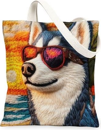 Generic Sac fourre-tout en toile motif chien husky d&eacute;t&eacute; pour faire du shopping, 33 x 38,1 cm, sac r&eacute;utilisable &agrave; motif de chiot c&ocirc;tier pour femme, peinture es
