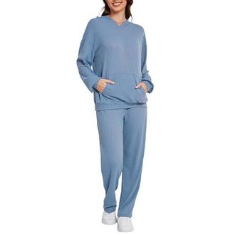 Generic Ensemble de pyjama pour femme, couleur unie, col rond, v&ecirc;tements de nuit longs et pantalon taille &eacute;lastique, ample, confortable, v&ecirc;tements de nuit &agrave; l