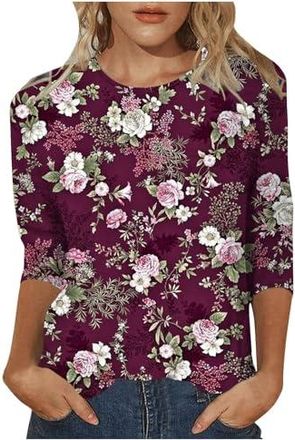 Generic T-shirt d&eacute;contract&eacute; pour femme avec imprim&eacute; floral, col rond, manches 3/4, coupe ample, lilas, XXL