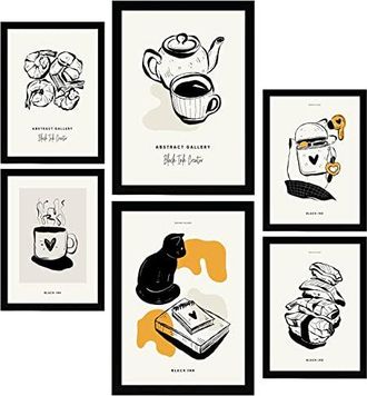 Nacnic Ensemble de 6 affiches &agrave; lencre noire. Jour de repos. Impressions artistiques et abstraites pour lam&eacute;nagement int&eacute;rieur et la d&eacute;coration. A3 et A4, sa