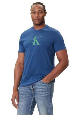 Calvin Klein T-Shirt Manches Courtes Homme Center Monogram Classic en Coton, Bleu (Blue Jean), XL