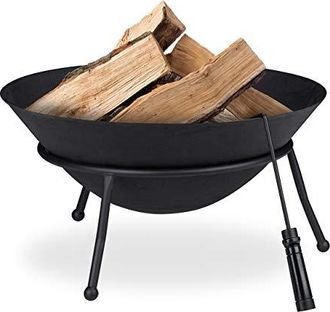 Relaxdays Feuerschale, Gusseisen, Garten Feuerstelle mit Sch&uuml;rhaken, Feuersch&uuml;ssel Outdoor, H x D: 32 x 60 cm, schwarz