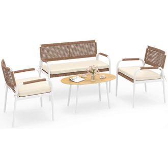Costway Ensemble Mobilier de Patio 4 Pi&egrave;ces, Canap&eacute; 2 Places en Rotin PE, 2 Fauteuils avec Coussins dAssise, Table en Verre Tremp&eacute;, pour Balcon, Porche